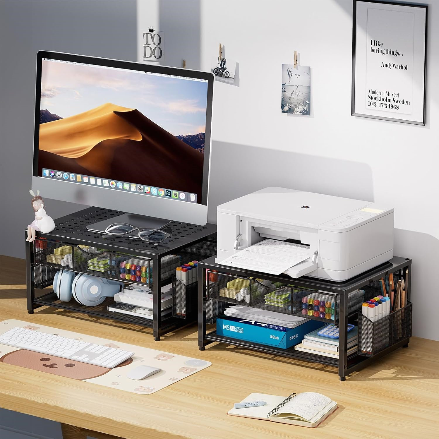 Latitude Run® 2-Tier Metal Printer Stand For Desk With Storage Drawer ...