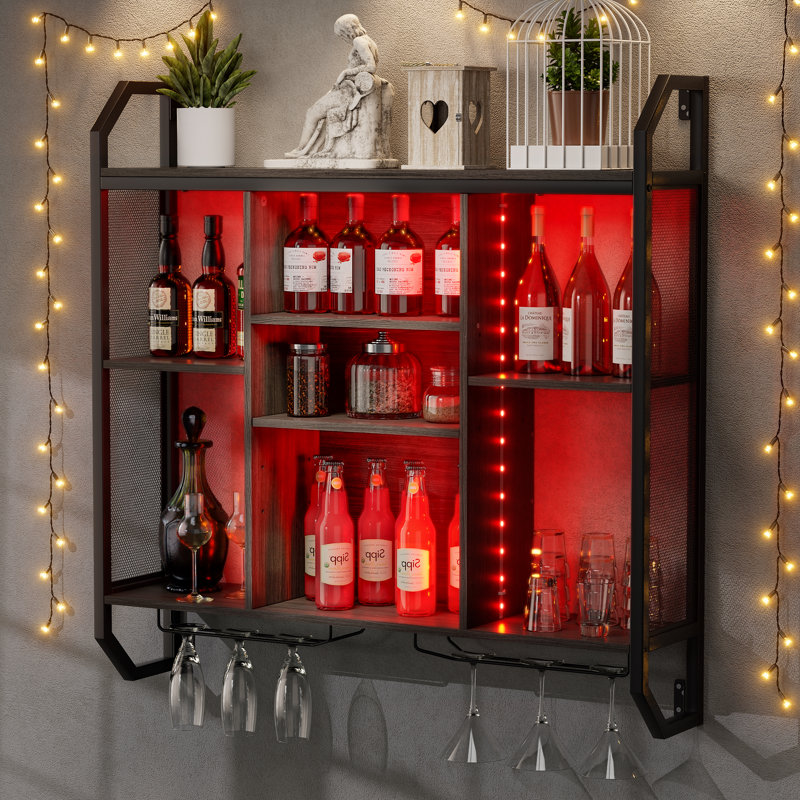 17 Stories Floating Led Lighted Bar Shelves, Wall Mounted Liquor Rack ...