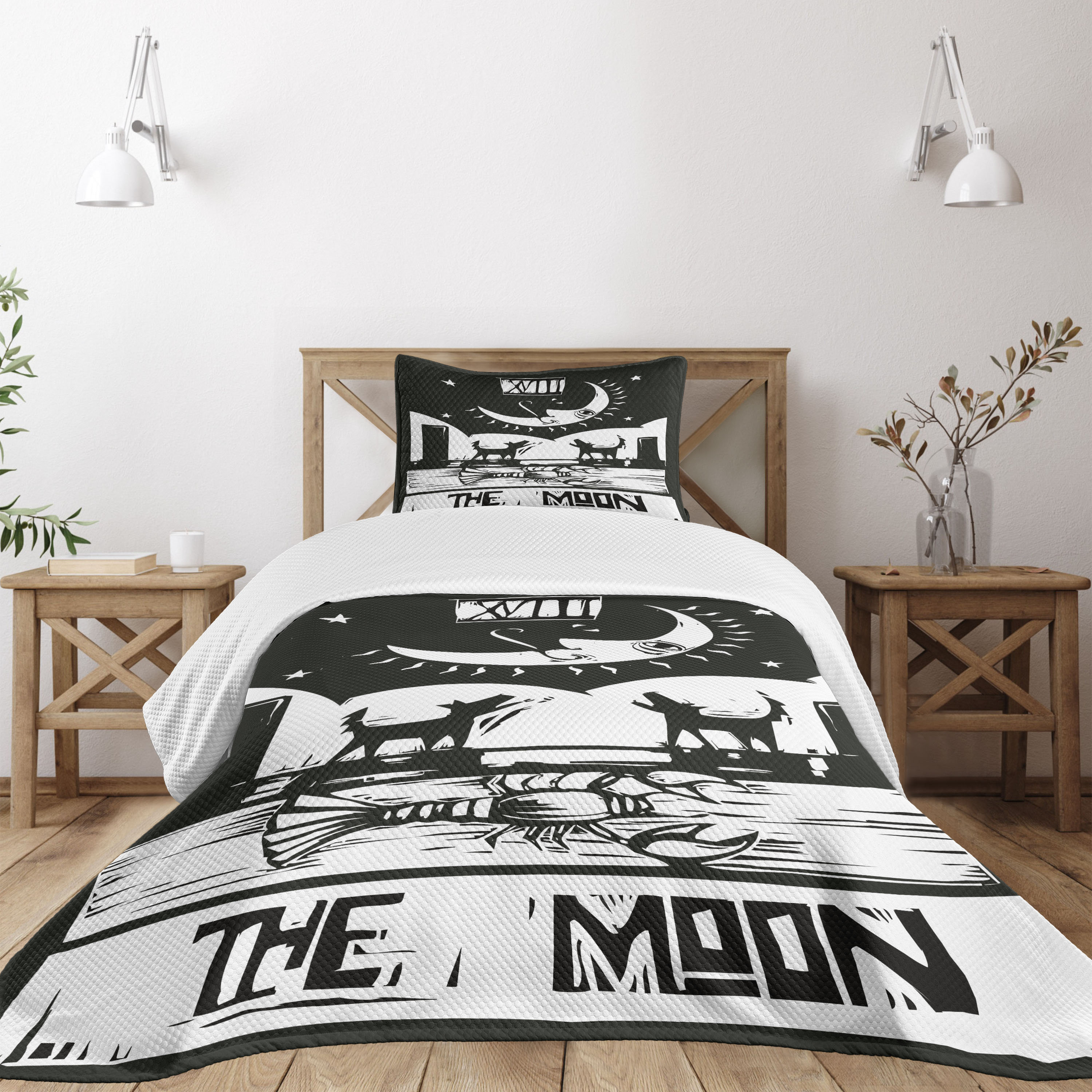 Ambesonne Moon Bedspread Set Lobster Wolves Moon Tarot Charcoal Grey ...