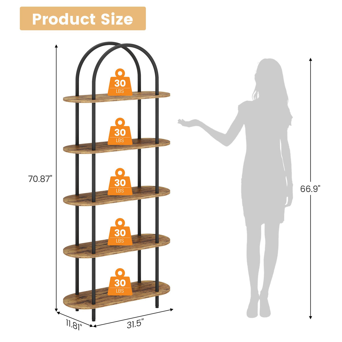 17 Stories 71" Bookshelf 5 Tier Bookcase Arched Display Racks Tall ...