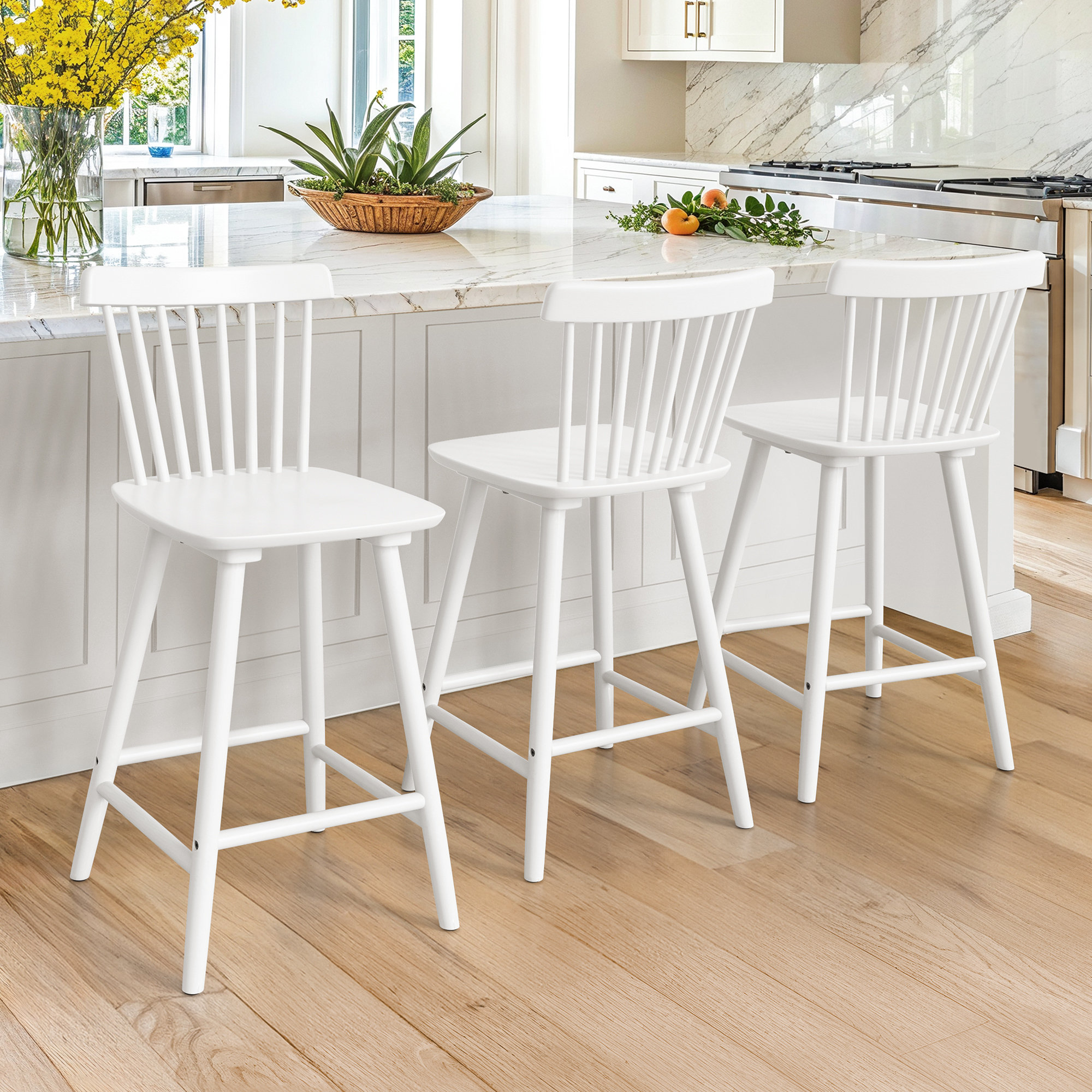 Gracie Oaks Upgraded Windsor Wooden White Bar Stools Set Of 3 24 Inch Counter Height Barstools With Spindle Back Bigger Seat For Kitchen Island Wayfair Canada