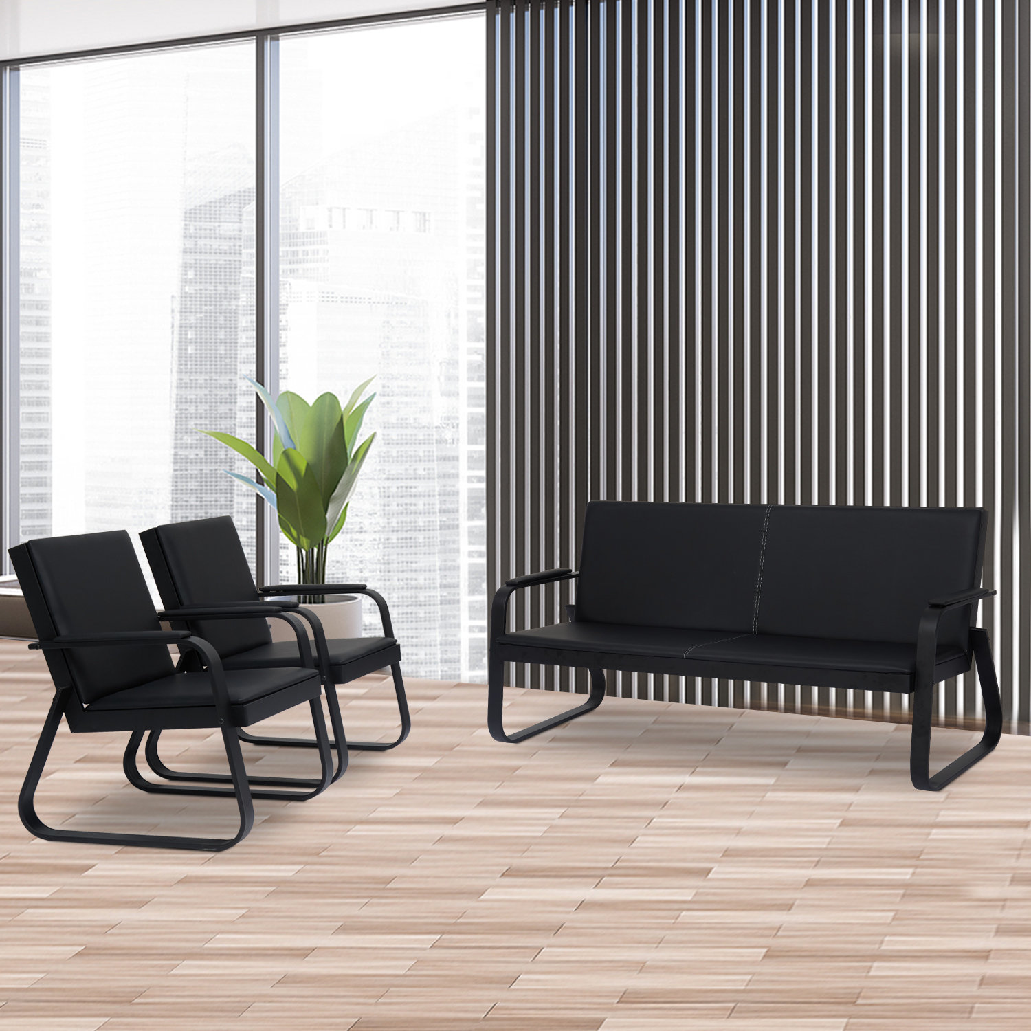 Kinbor 121.3" W Leather Seat Tandem Seating with Metal Frame | Wayfair