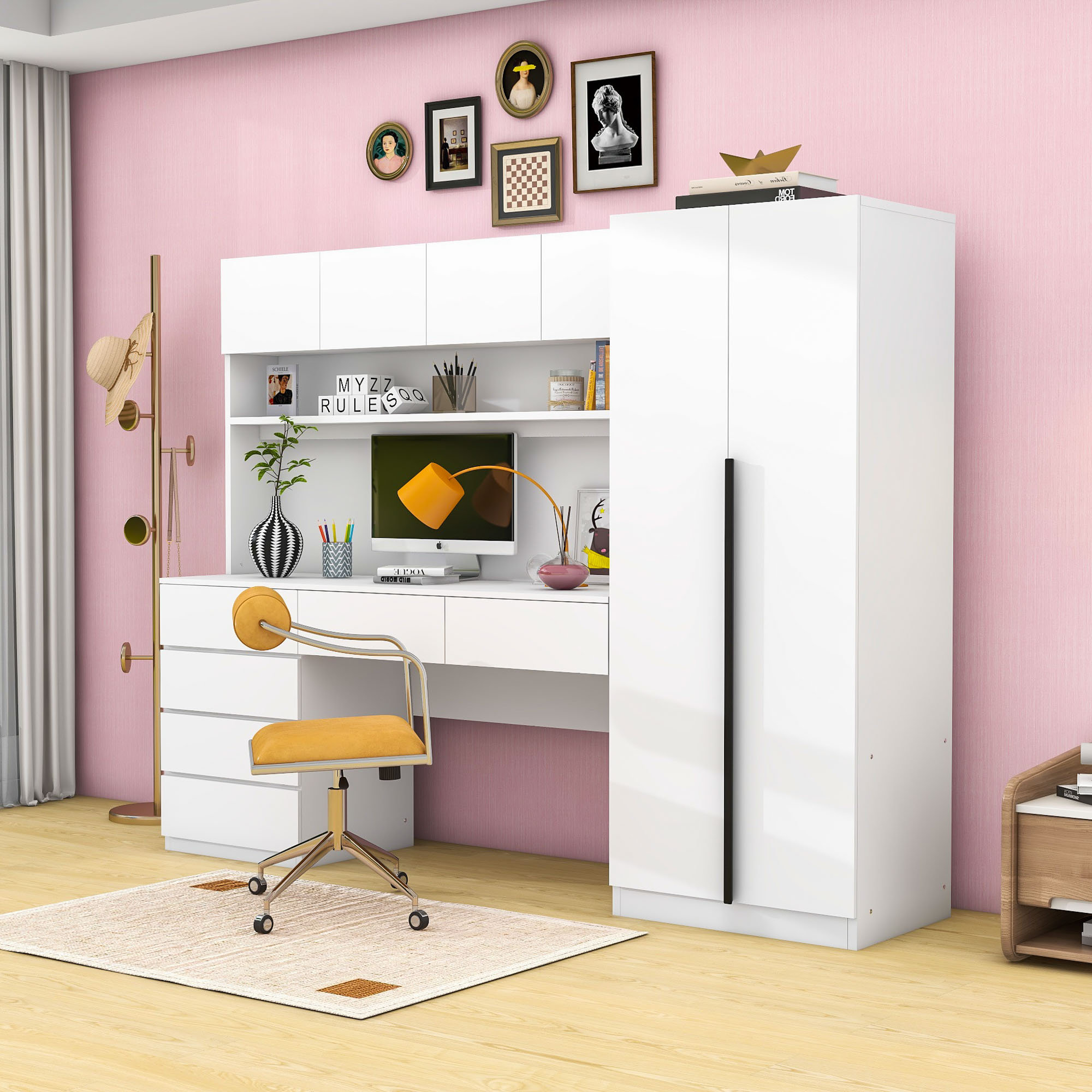 Ebern Designs 2-Door Wood Wardrobe with Desk, Shelves and 6 Drawers ...