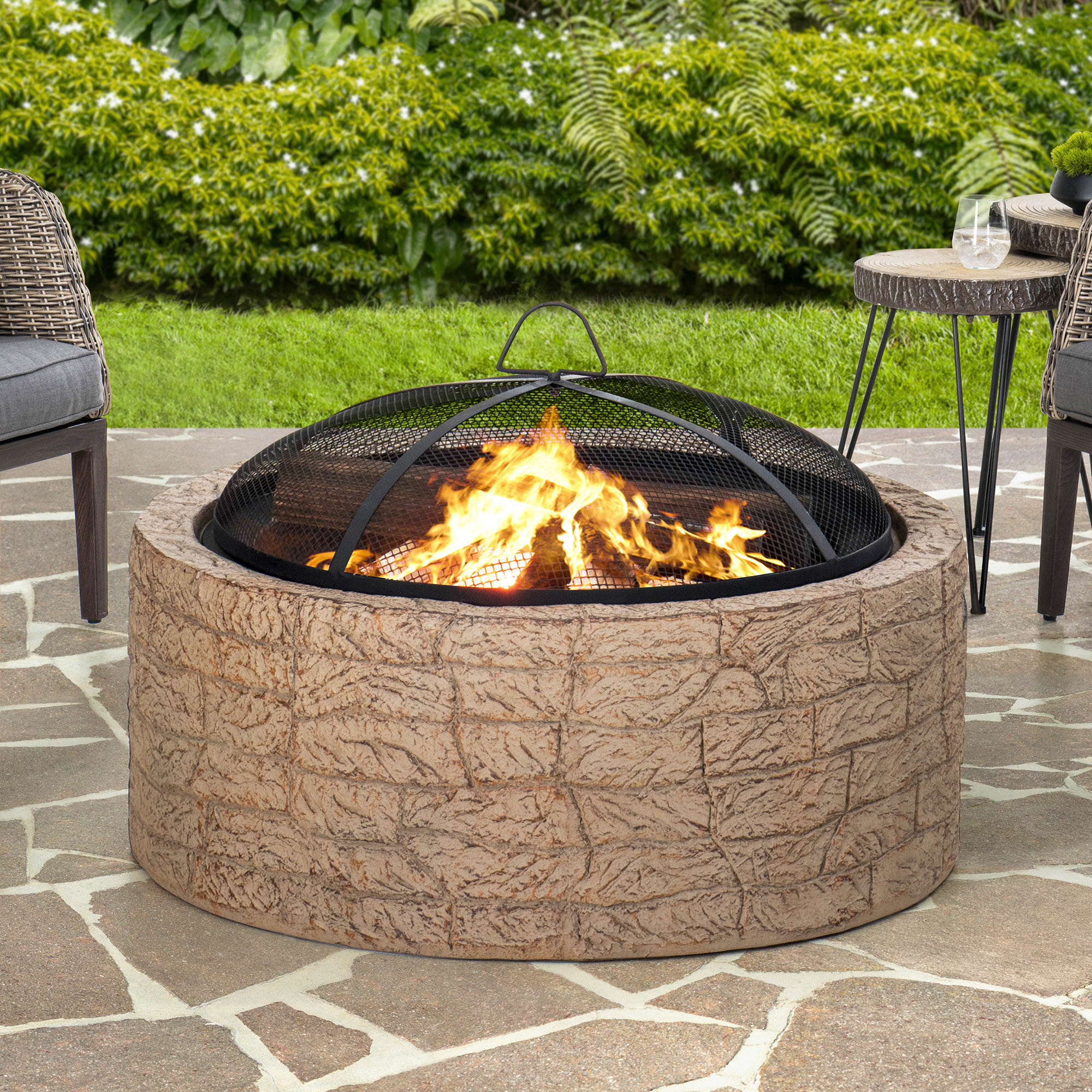 World Menagerie Aesir 26 inch Fire Pit for Outside, Outdoor Stone Wood ...