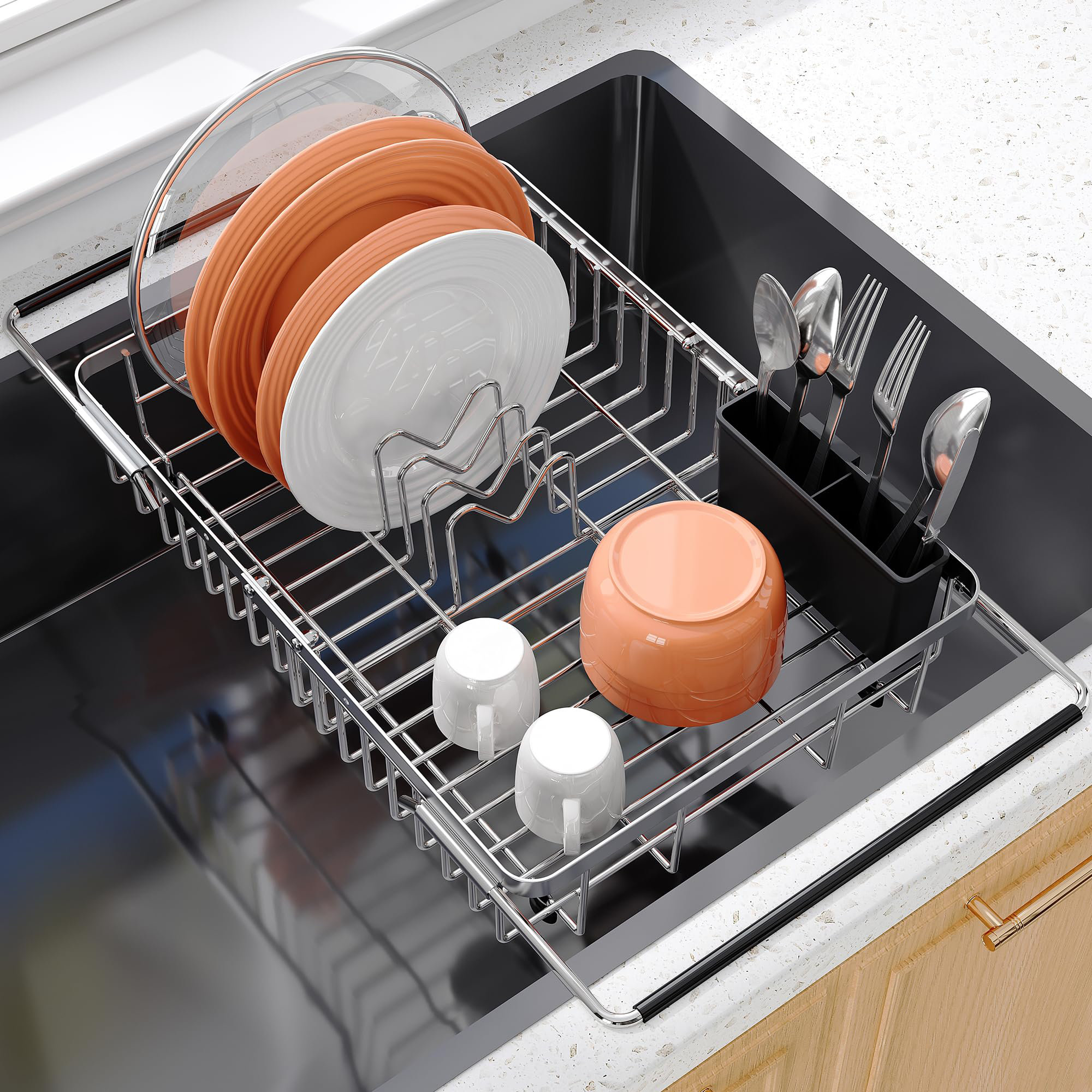 INFOOR Expandable Stainless Steel Dish Rack - Adjustable Over-Sink ...