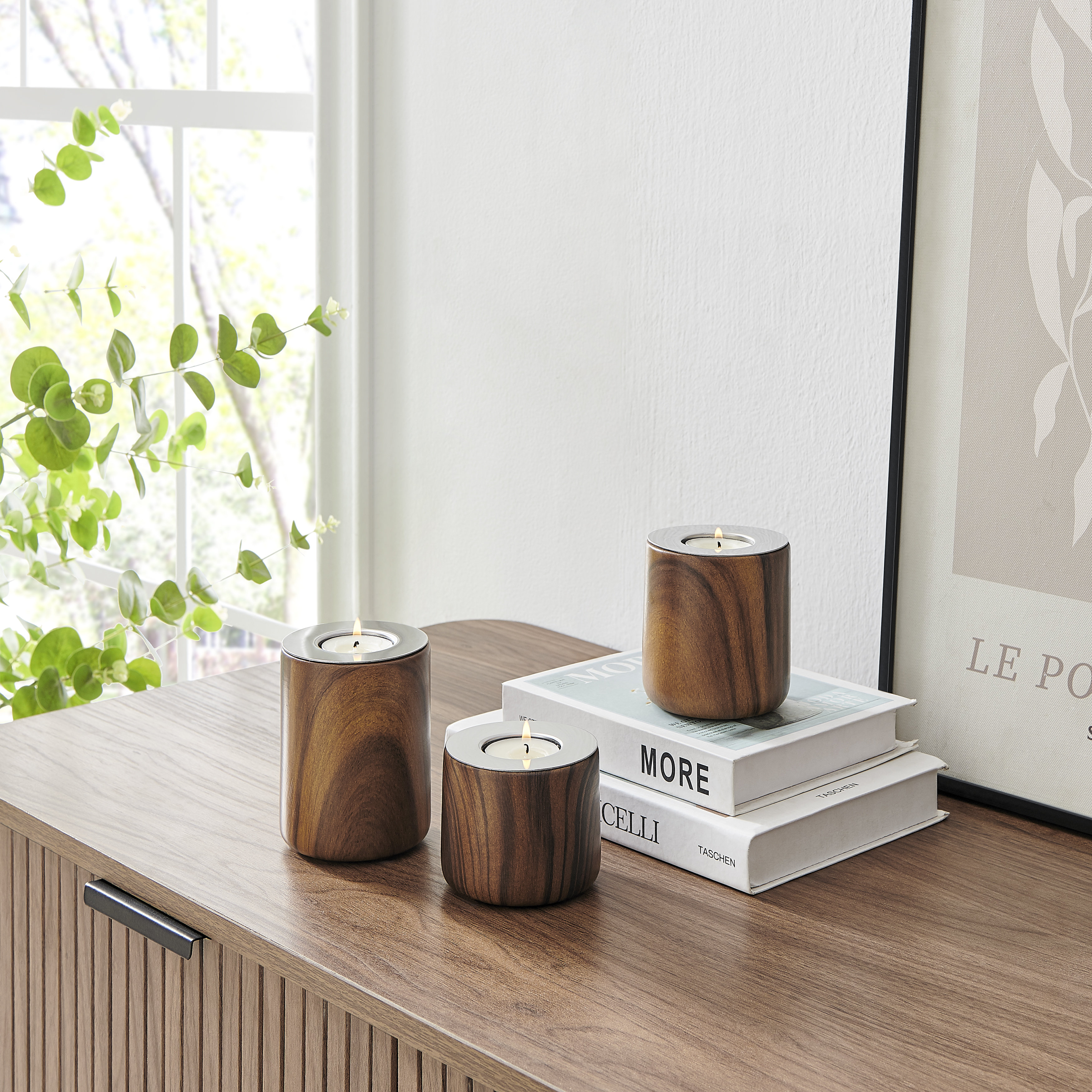 Millwood Pines Hemming Modern Walnut Finish Three Piece Tealight Candle ...