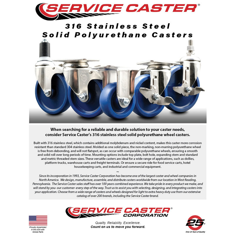 Service Caster 316SS Solid Poly Swivel Expanding Stem Caster Set Brake ...