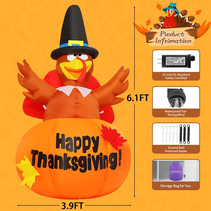 The Holiday Aisle® Thanksgiving Inflatable 6 FT Blow Up Turkey Standing ...