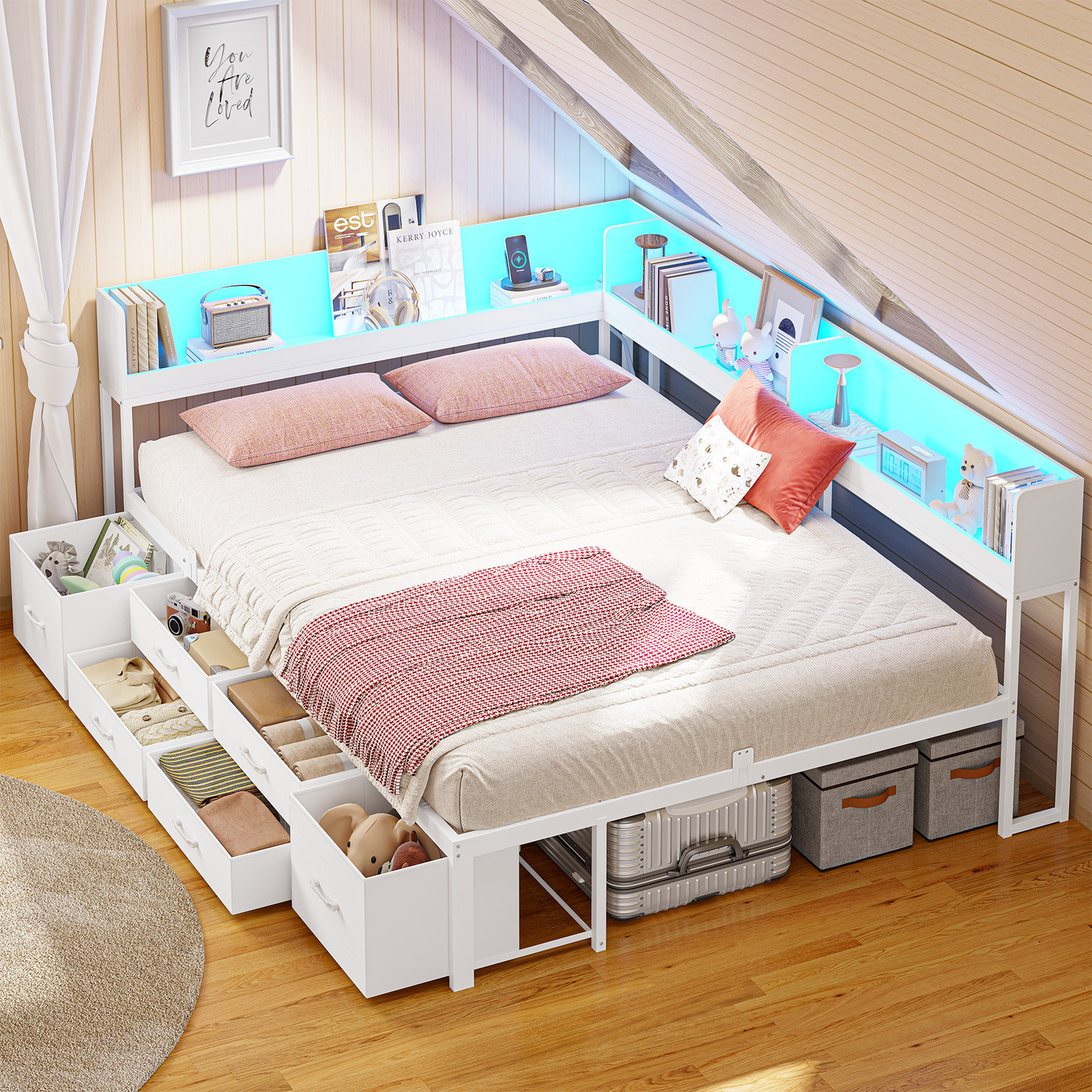 Ivy Bronx Daybed with 6 Drawers LED Corner Bed with Bookcase & Charging ...