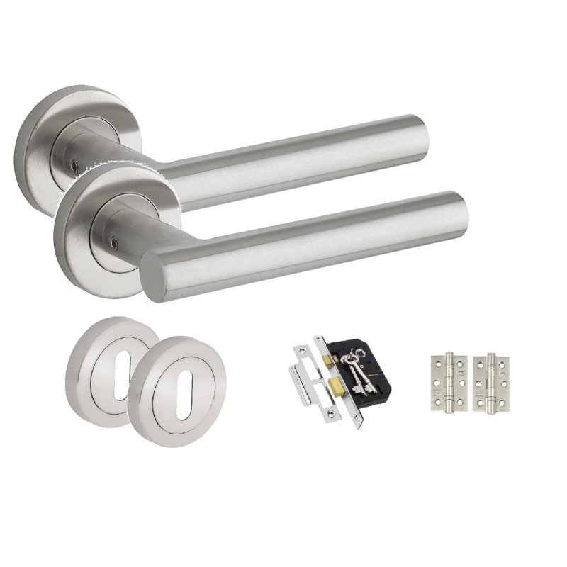 Golden Grace Straight T-Bar Door Handles on Round Rose in Satin Nickel ...