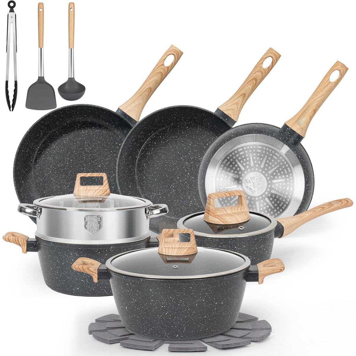 daily 17-Piece Non-Toxic Granite Nonstick Pots and Pans Set, Cookware ...