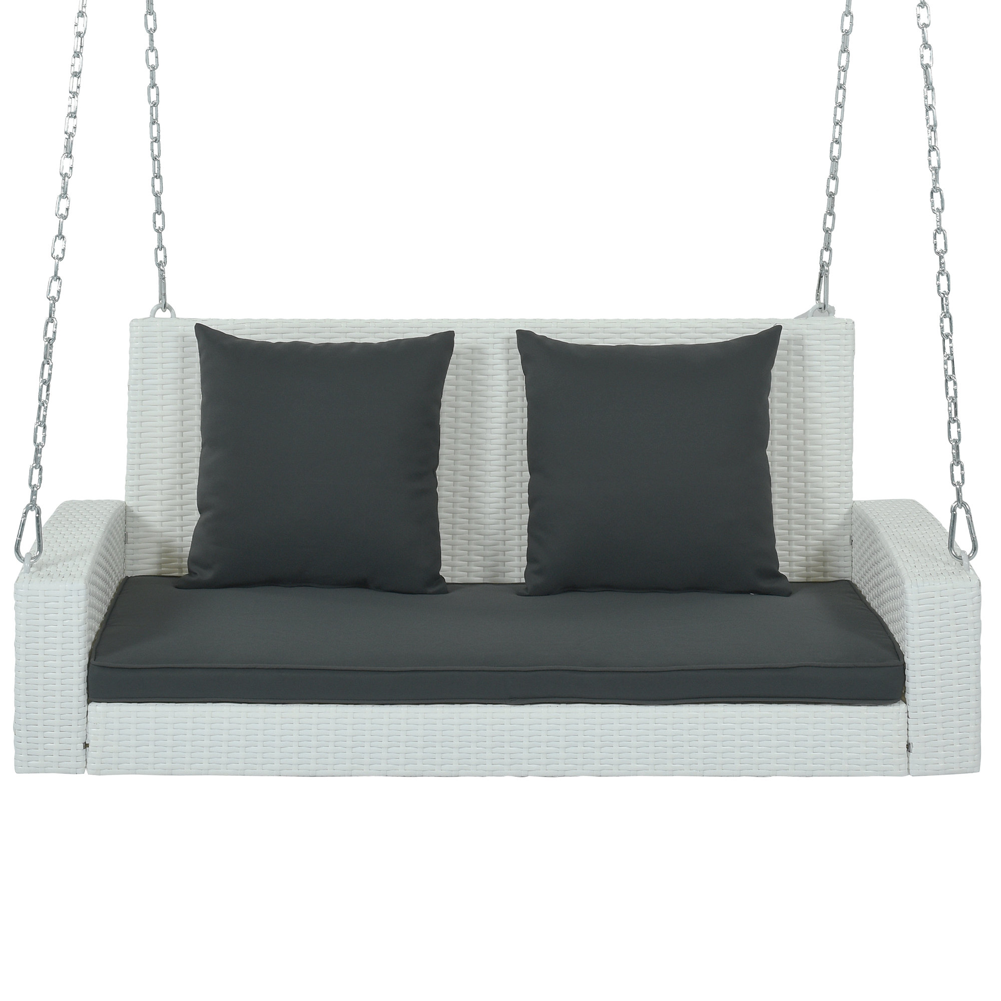 Ebern Designs Go 2-Person Wicker Hanging Porch Swing With Chains, Cushion, Pillow, Rattan Swing ...