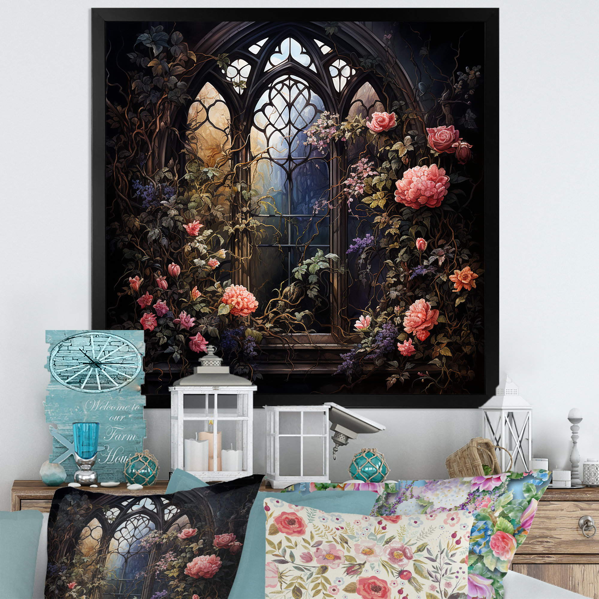 Lark Manor Floral Gothic Church Windows View II - Floral Window Wall ...