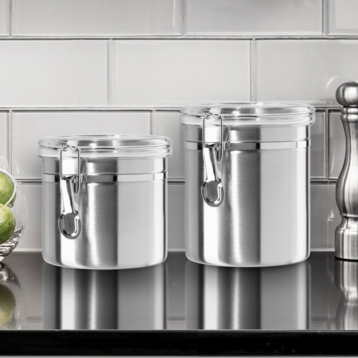 OGGI Stainless Steel Clamp Canister w/ Clear Lid (4.75 in H, 36 oz ...