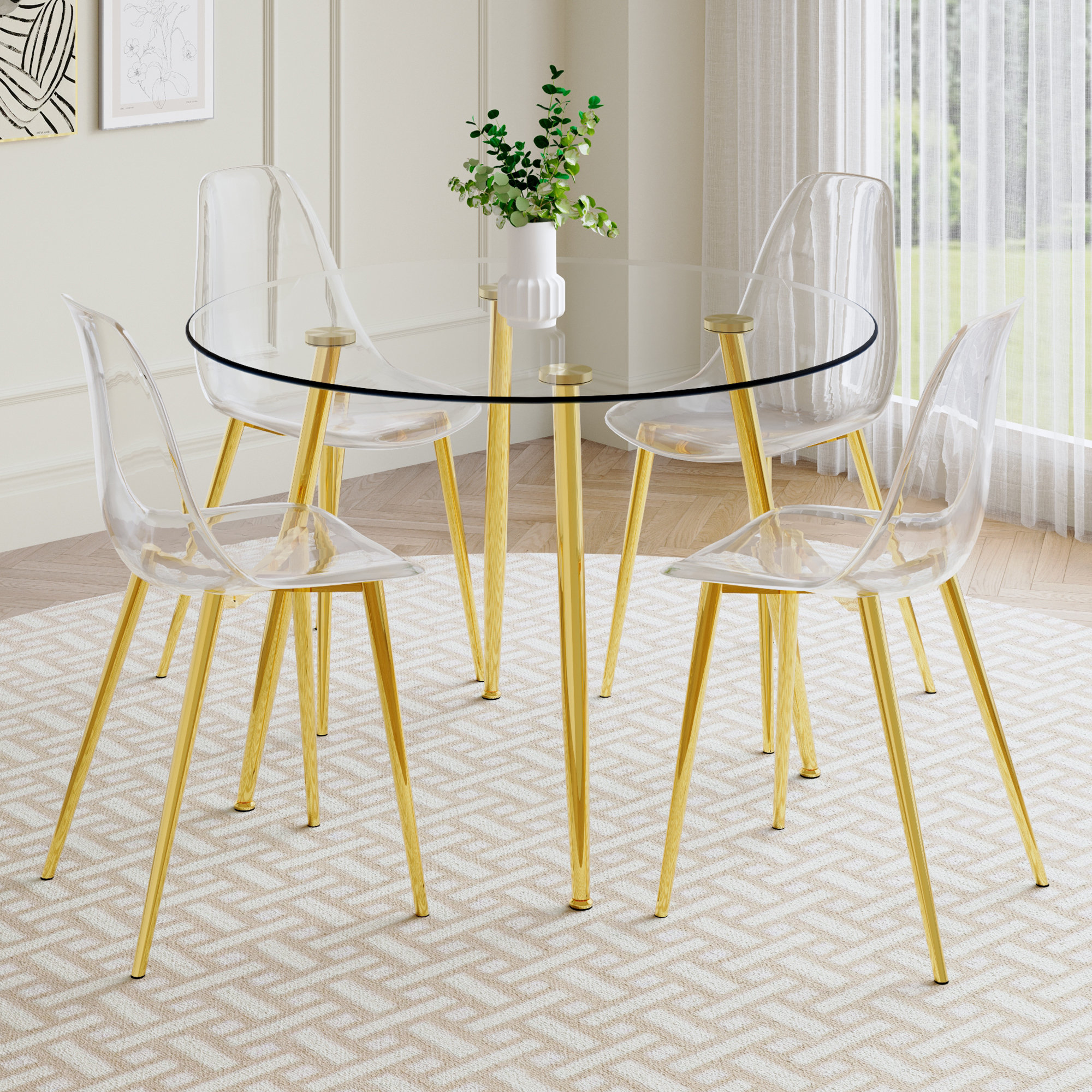 Mercer41 Chic 5-piece dining set: round tempered glass table, gold ...