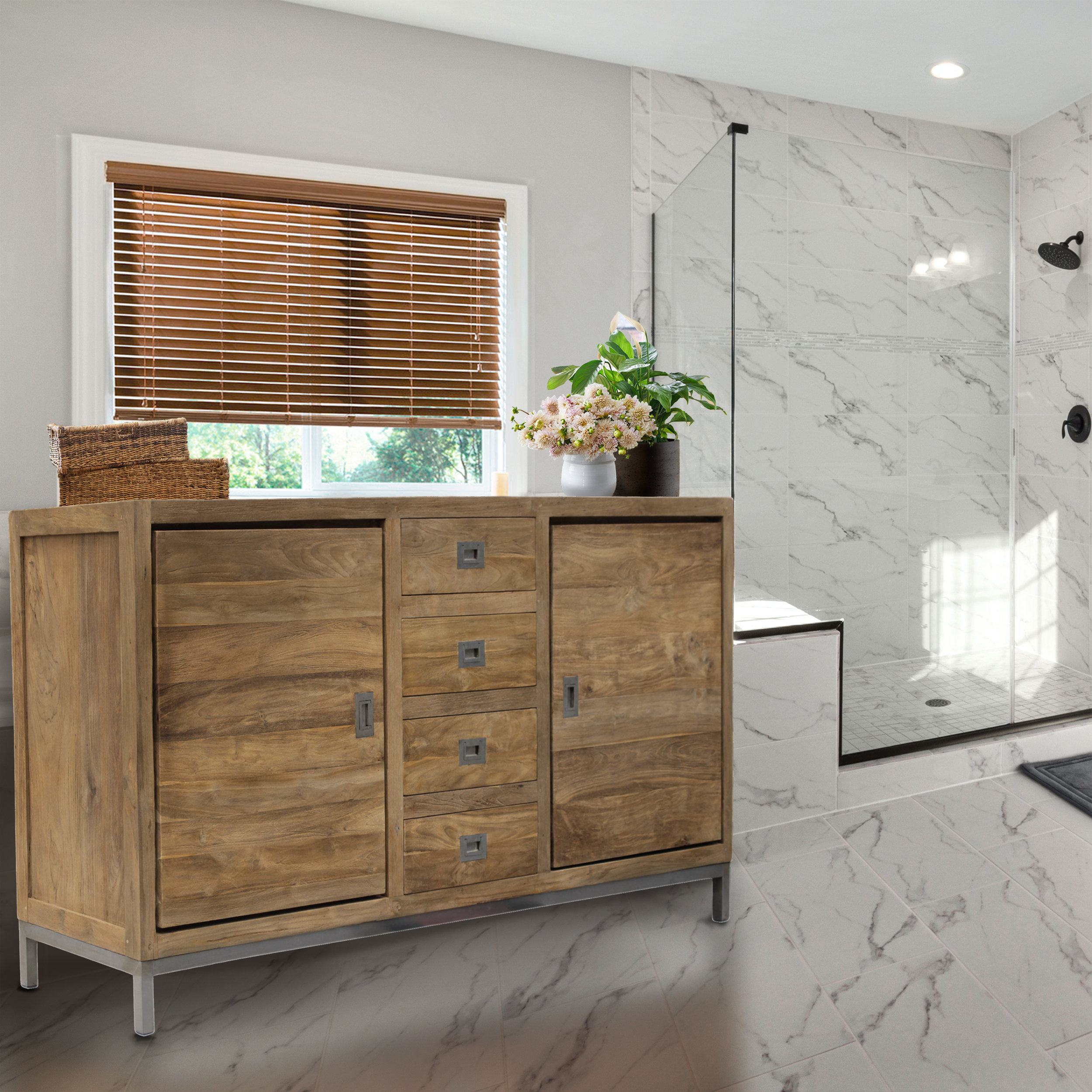 Chic Teak Recycled Teak Wood Alicante Bathroom Linen Cabinet With 4 ...
