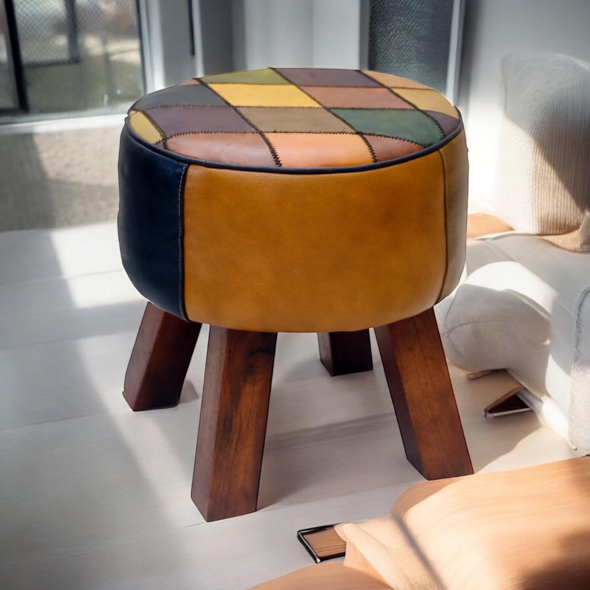 Latitude Vive Multi Coloured Leather Round Footstool | Wayfair.co.uk