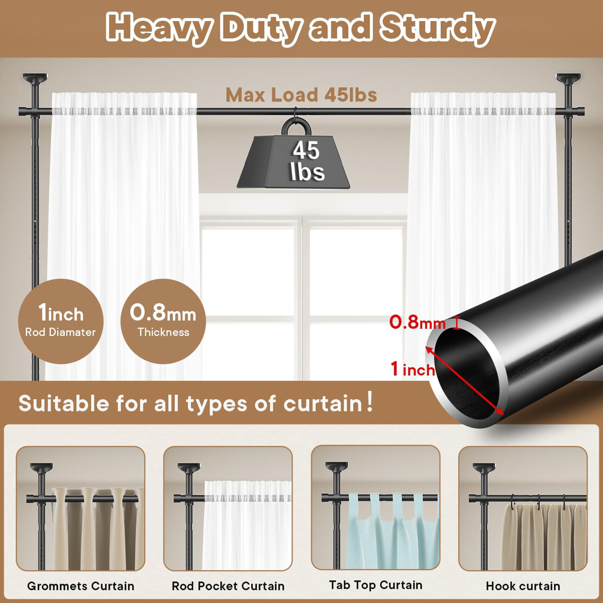 Ebern Designs Room Divider Curtain Rod, No Drilling Tension Rod For ...