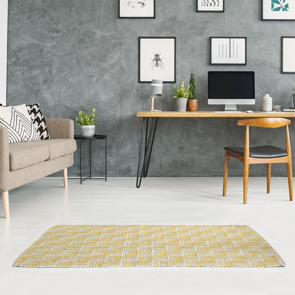 East Urban Home Basketweave Stripes Yellow/White Area Rug | Wayfair