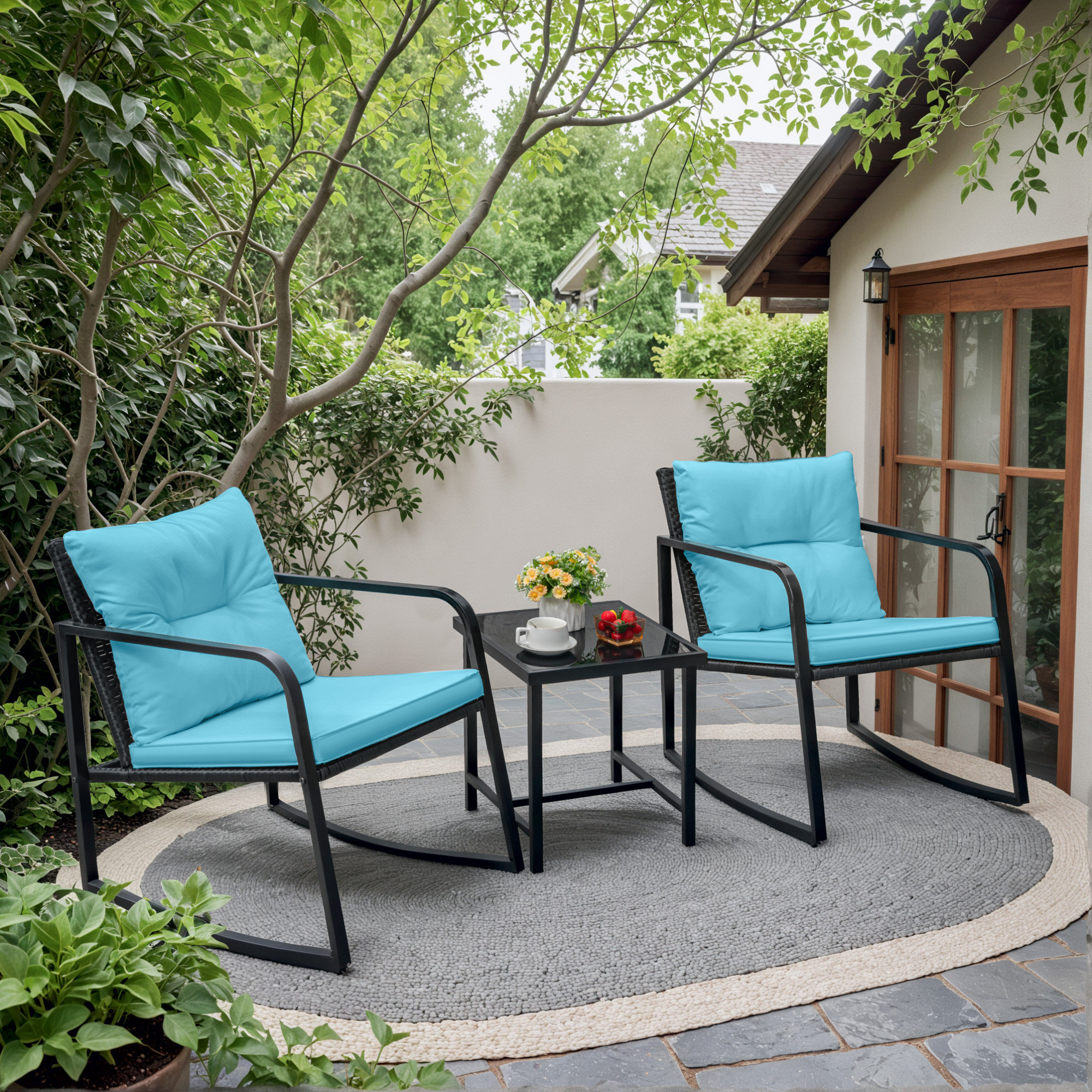 Ebern Designs 3 Piece Rocking Cafe Furniture Set Wicker Outdoor Patio ...