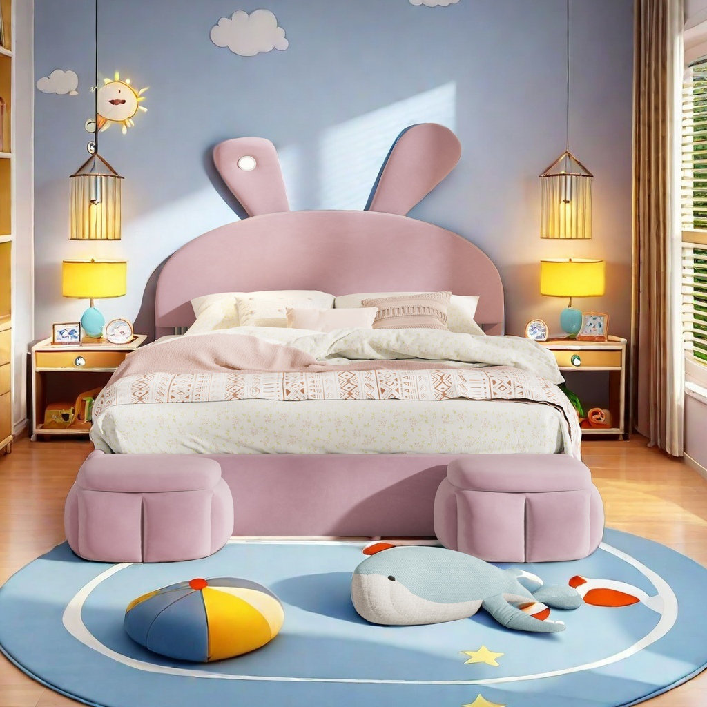 Zoomie Kids Full Size Upholstered Platform Bed With Cartoon Ears Shaped ...