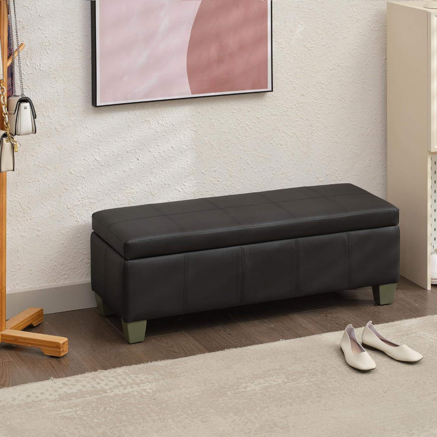 Lark Manor Black Faux Leather Ottoman with Storage, Rectangular Extra ...