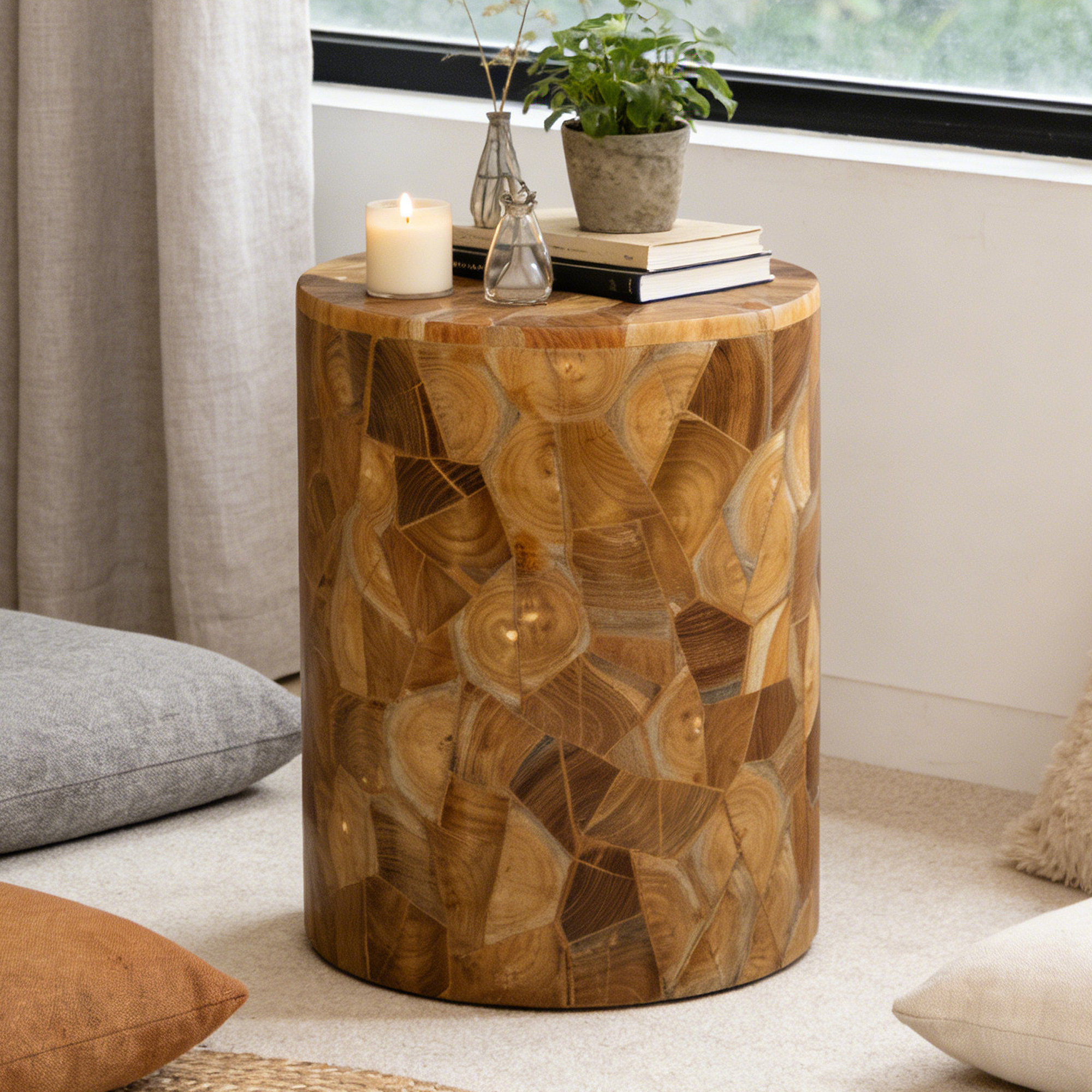 East Urban Home Solid Wood Patchwork Round Drum End Table | Wayfair