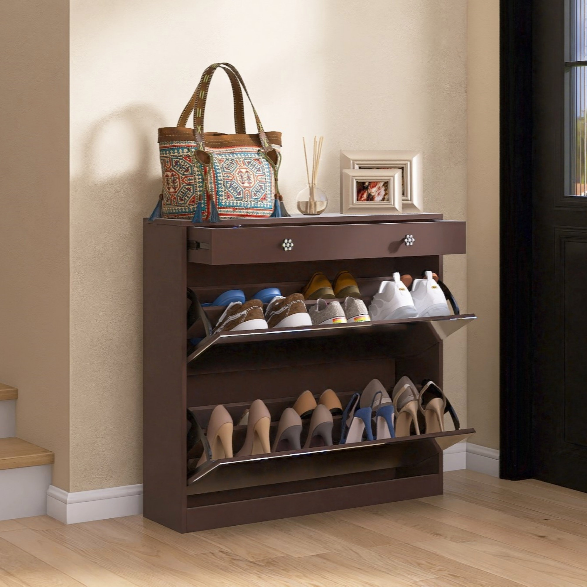 Mercer41 Mirror Shoe Cabinet With 2 Tier Drawers, Mirror Shoe Rack With ...