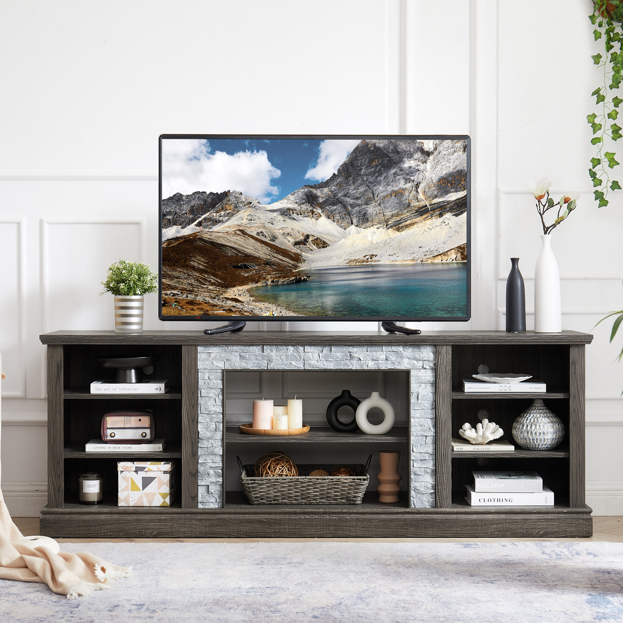 Lark Manor™ Large TV Desk Storage Rack With Faux Stacked Stone Surround ...