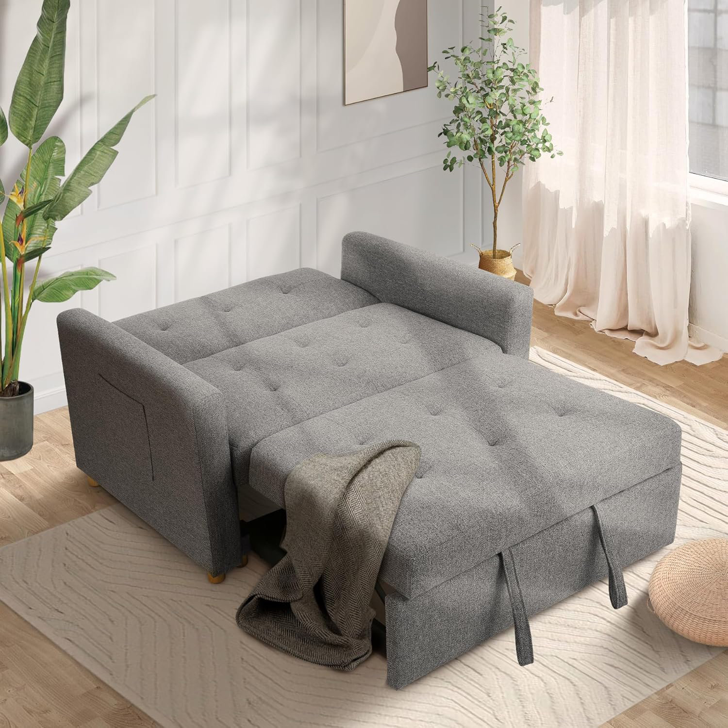 Ebern Designs Shortridge 48.5"W 3-In-1 Convertible Linen Sleeper Sofa ...