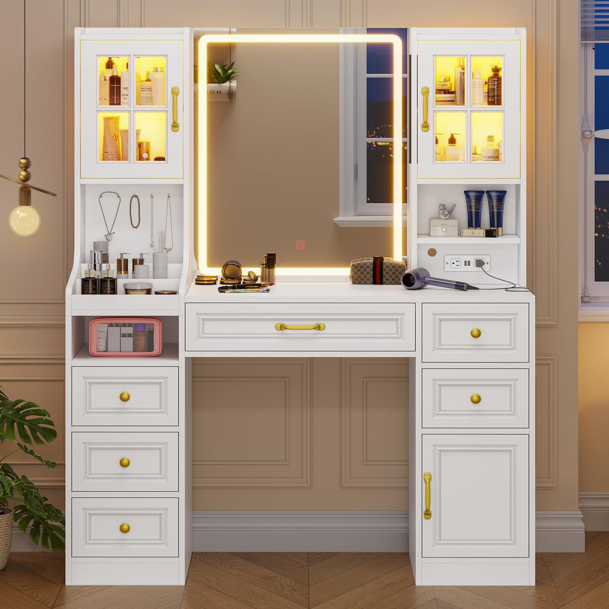 Ivy Bronx Vanity Desk With Touch Screen Mirror And Lights & Charging ...