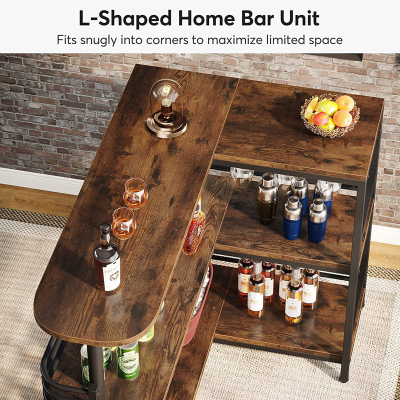 17 Stories Cocheco 3 Tier Industrial Home Bar Unit L-Shaped Liquor Bar ...