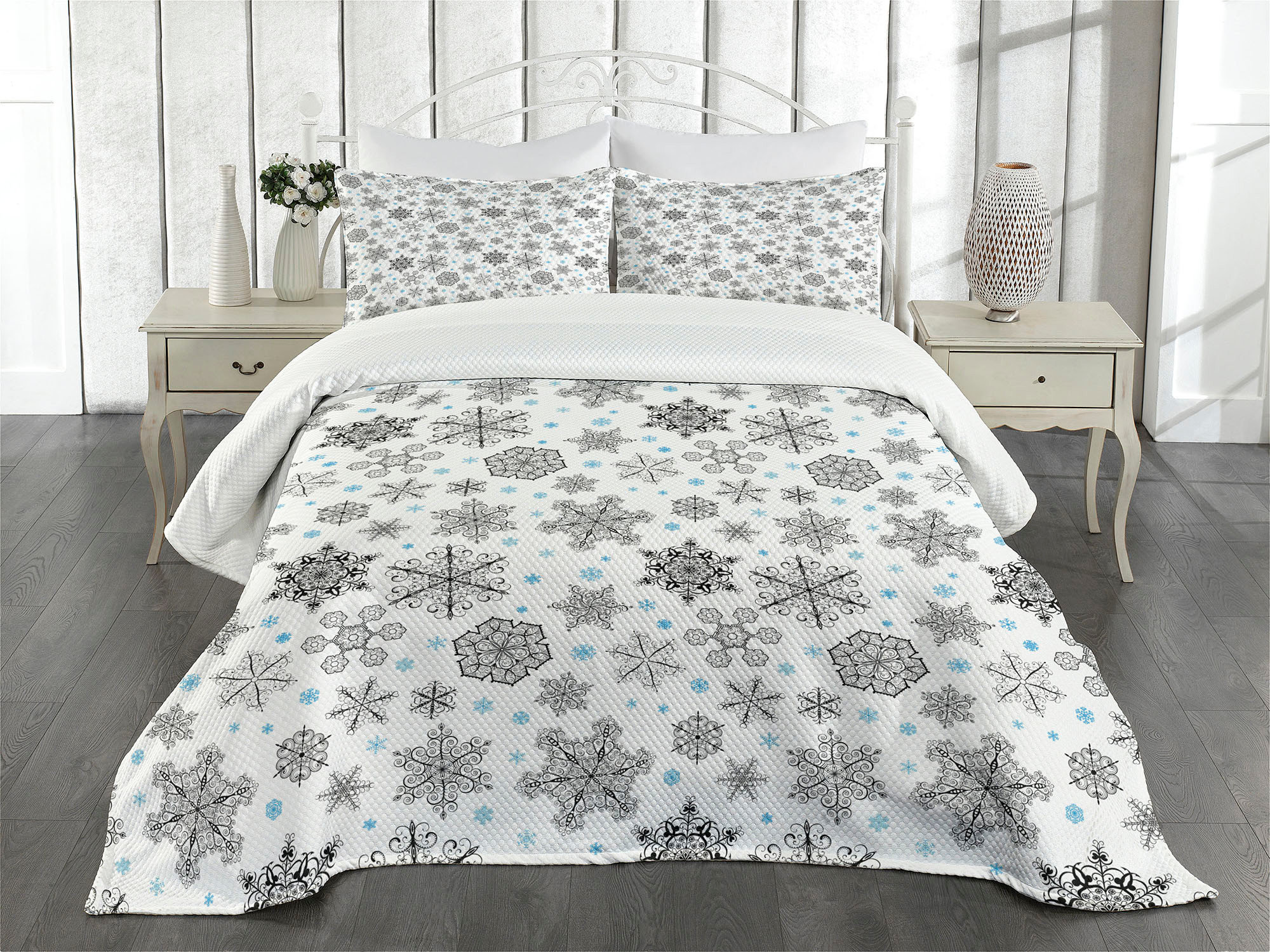 Ambesonne Snowflake Bedspread Set Lace Style Winter Blue Black White ...