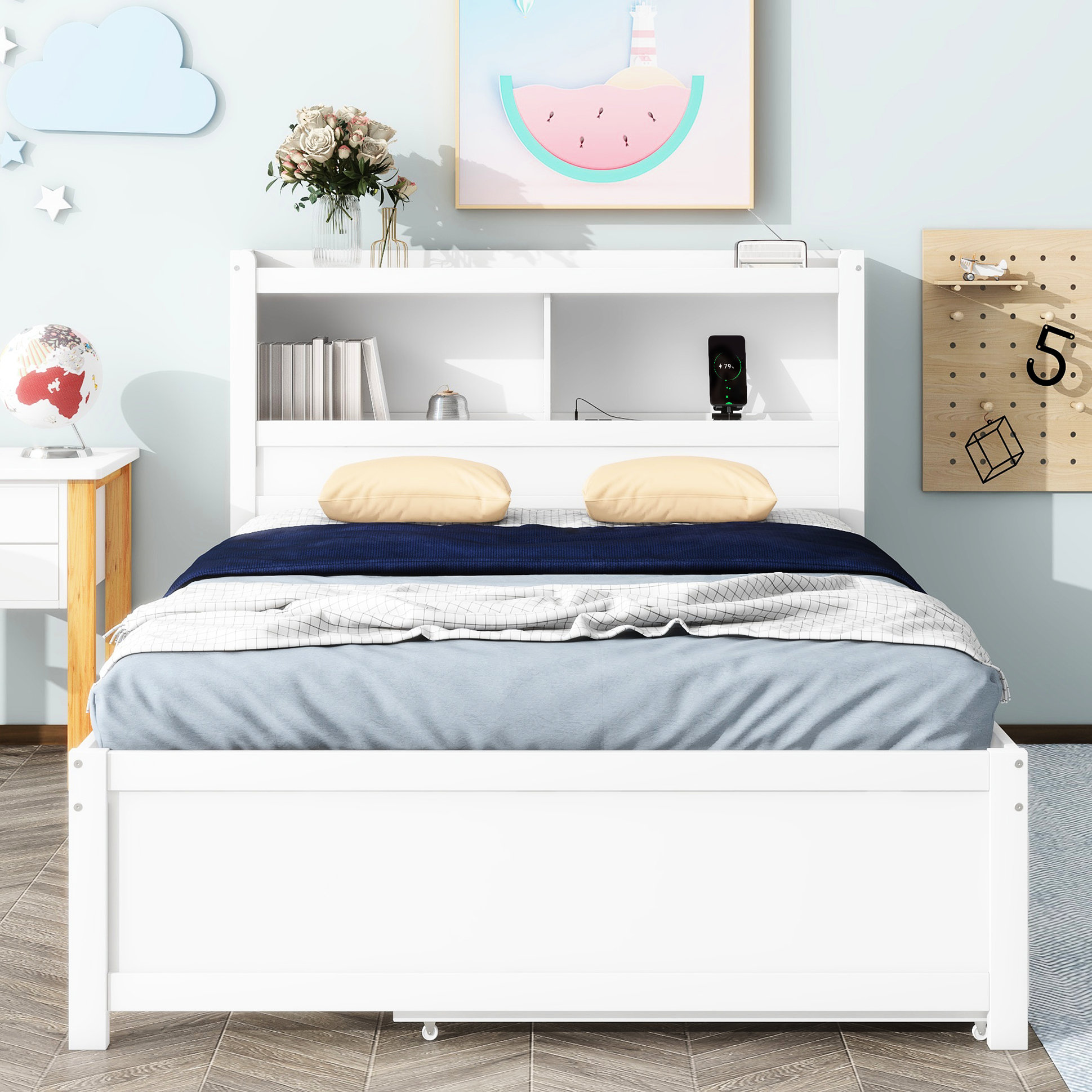 Latitude Run® Modern Gray Full Bed With Trundle, Drawer Functions, Ports And Headboard Storage ...