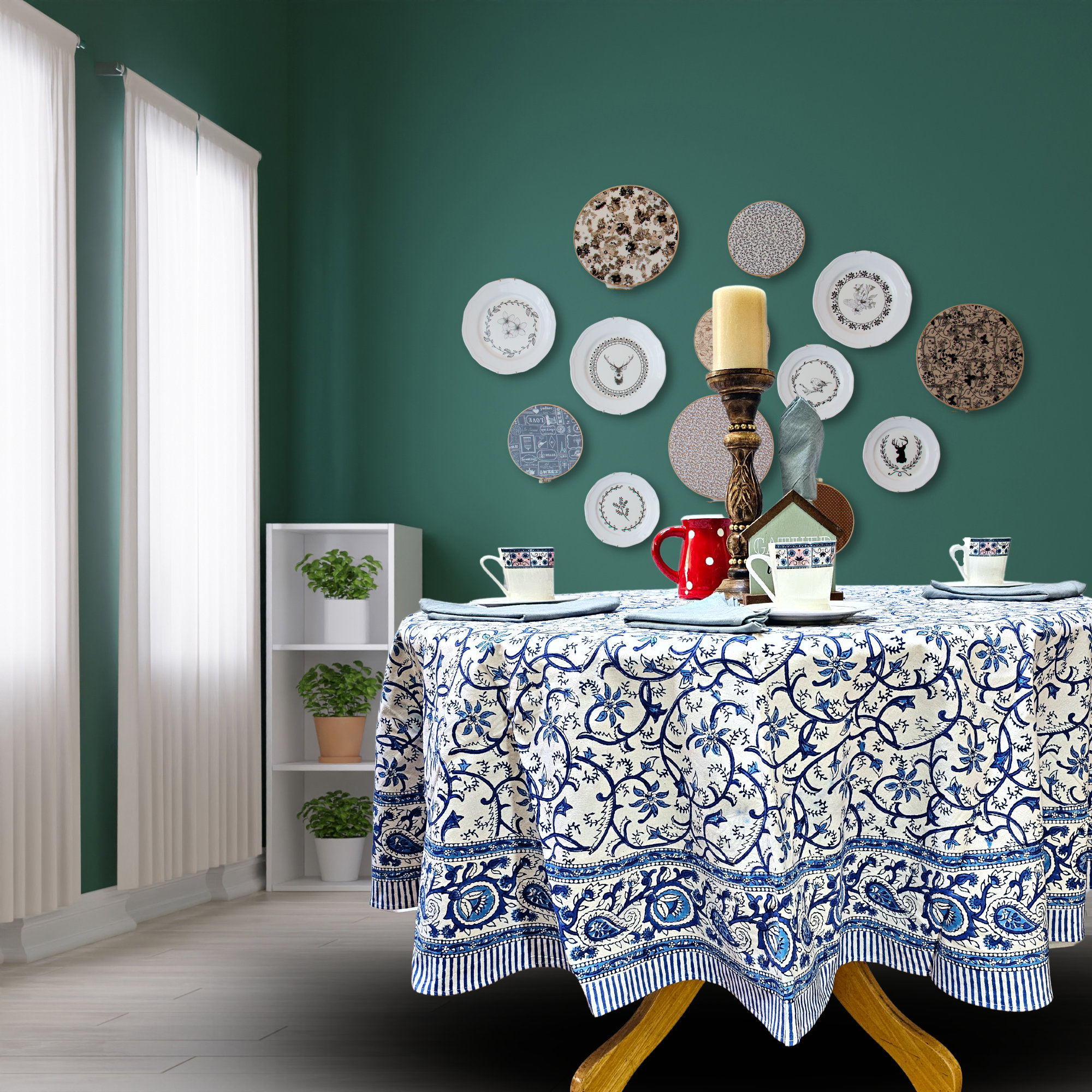 Charlton Home® Floral Block Print Cotton Tablecloth Blue White Linen ...