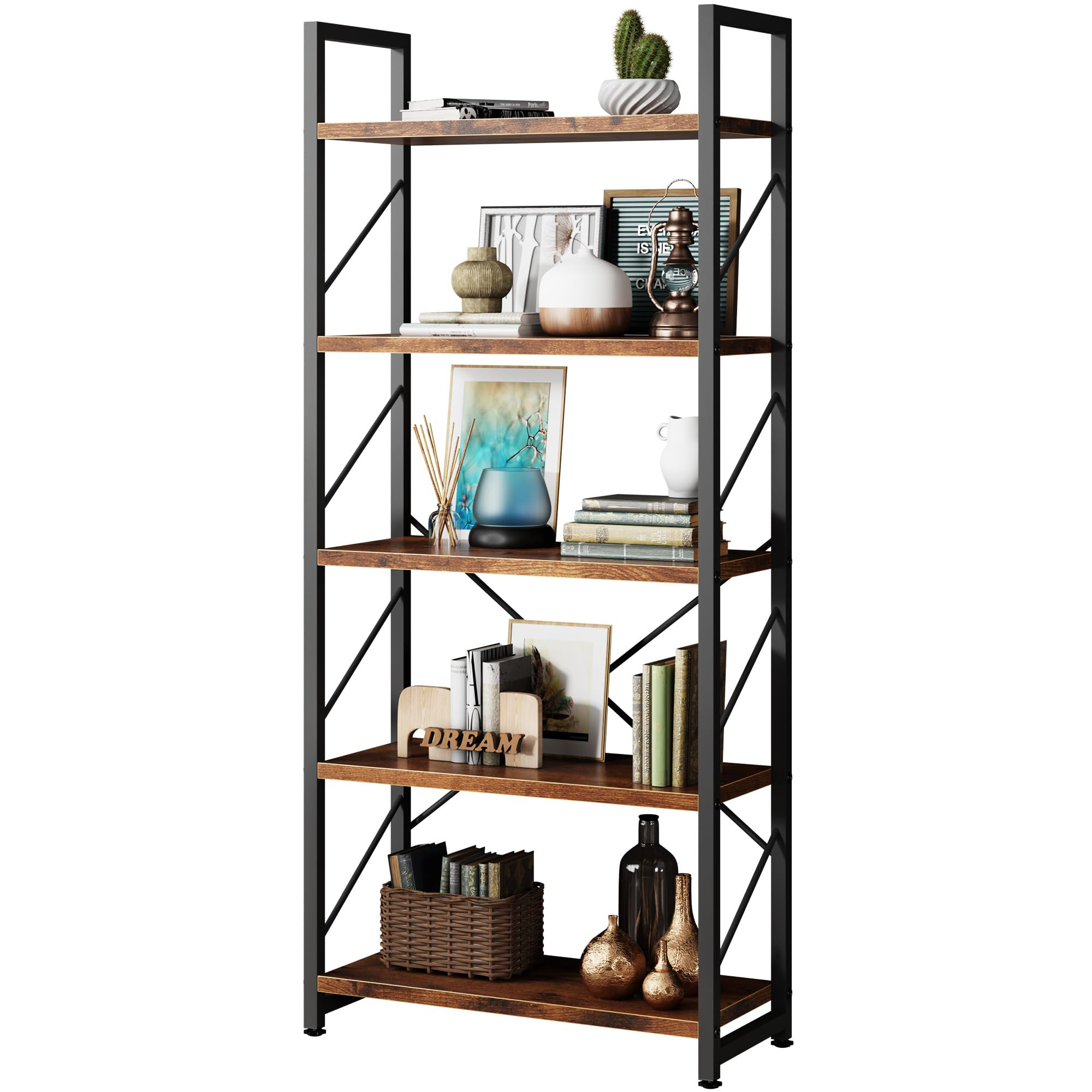 17 Stories Korbin 5-Tier Rustic Brown Bookcase, Sturdy Metal Frame ...