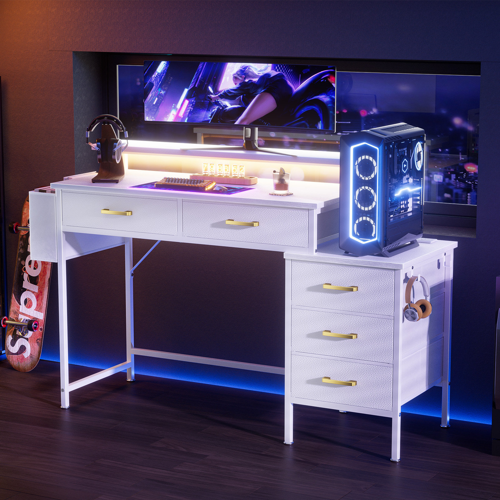 Ivy Bronx Computer Desk with LED&Power Outlet, Home Office Desk-Monitor ...