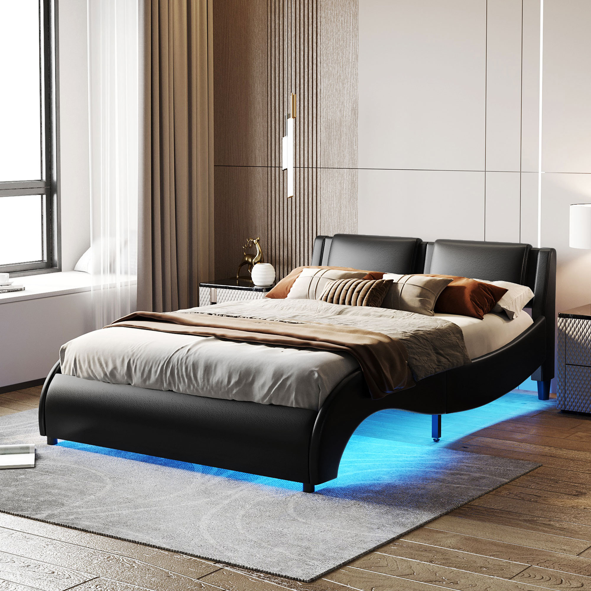 Brayden Studio Upholstered Faux Leather Platform Bed With LED Light Bed ...
