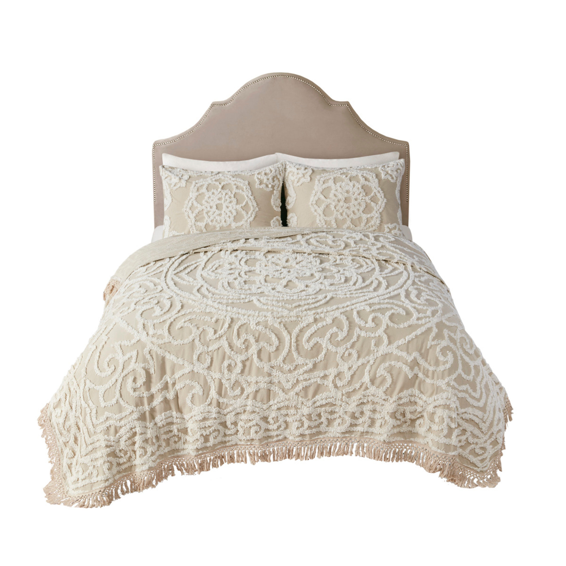 dingdangxiang Taupe Tufted Cotton Chenille Medallion Fringe Coverlet ...