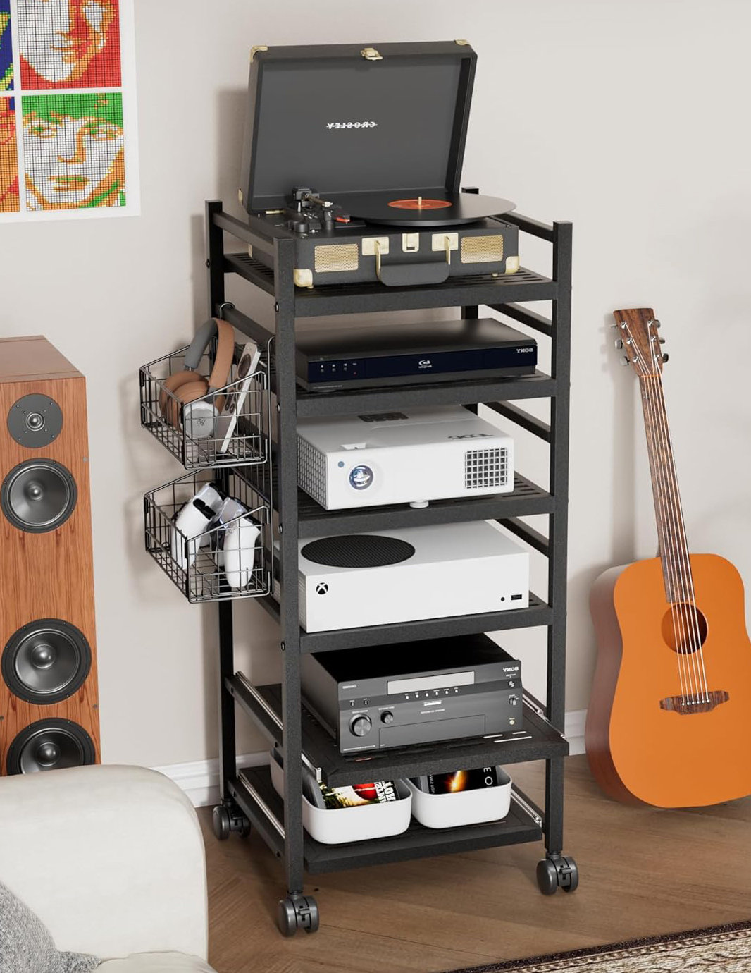 Rebrilliant 6-Tier Metal Media Console Cabinet Shelf with Storage ...