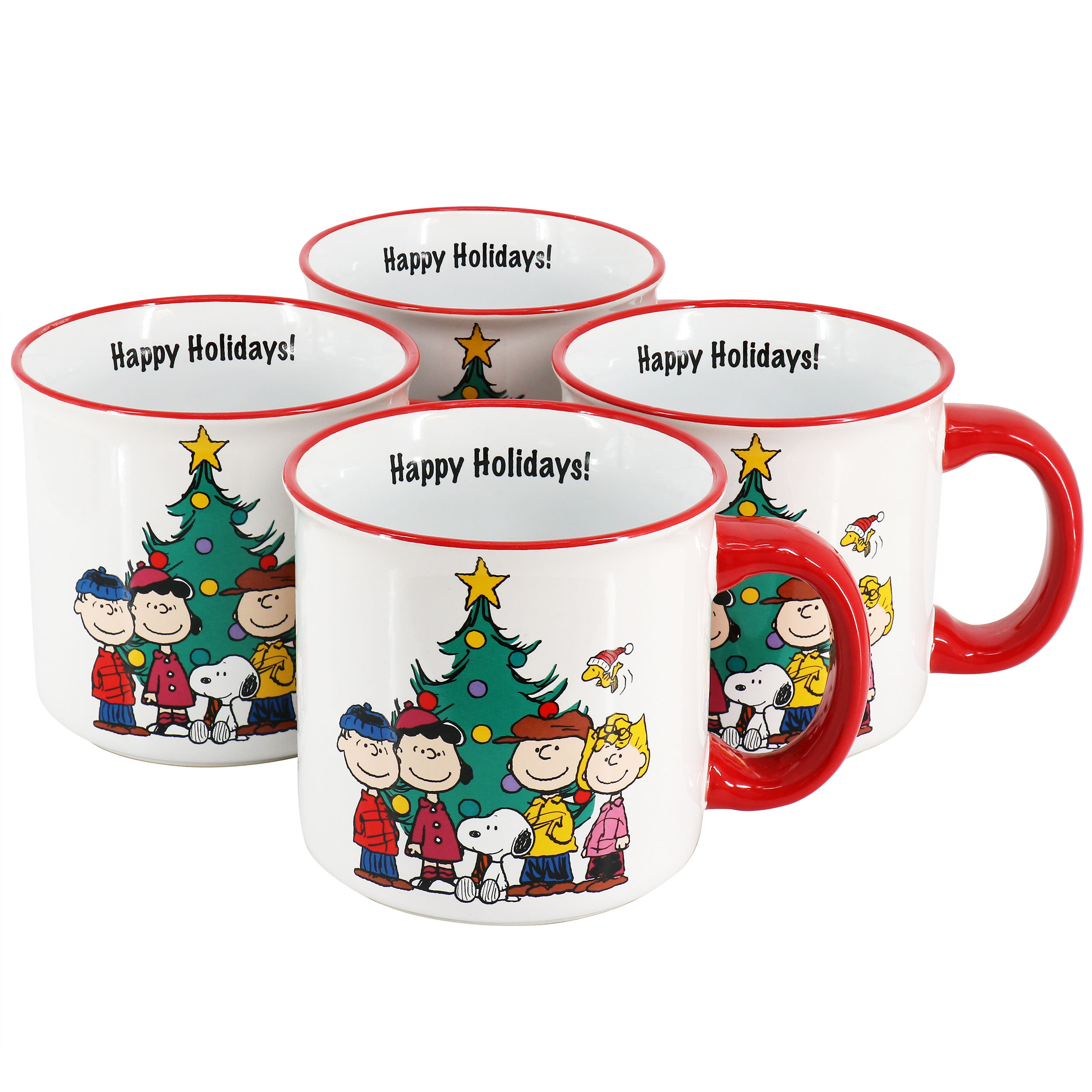 Peanuts Charlie Brown and Friends 4 Piece 21oz Stoneware Happy Holidays ...