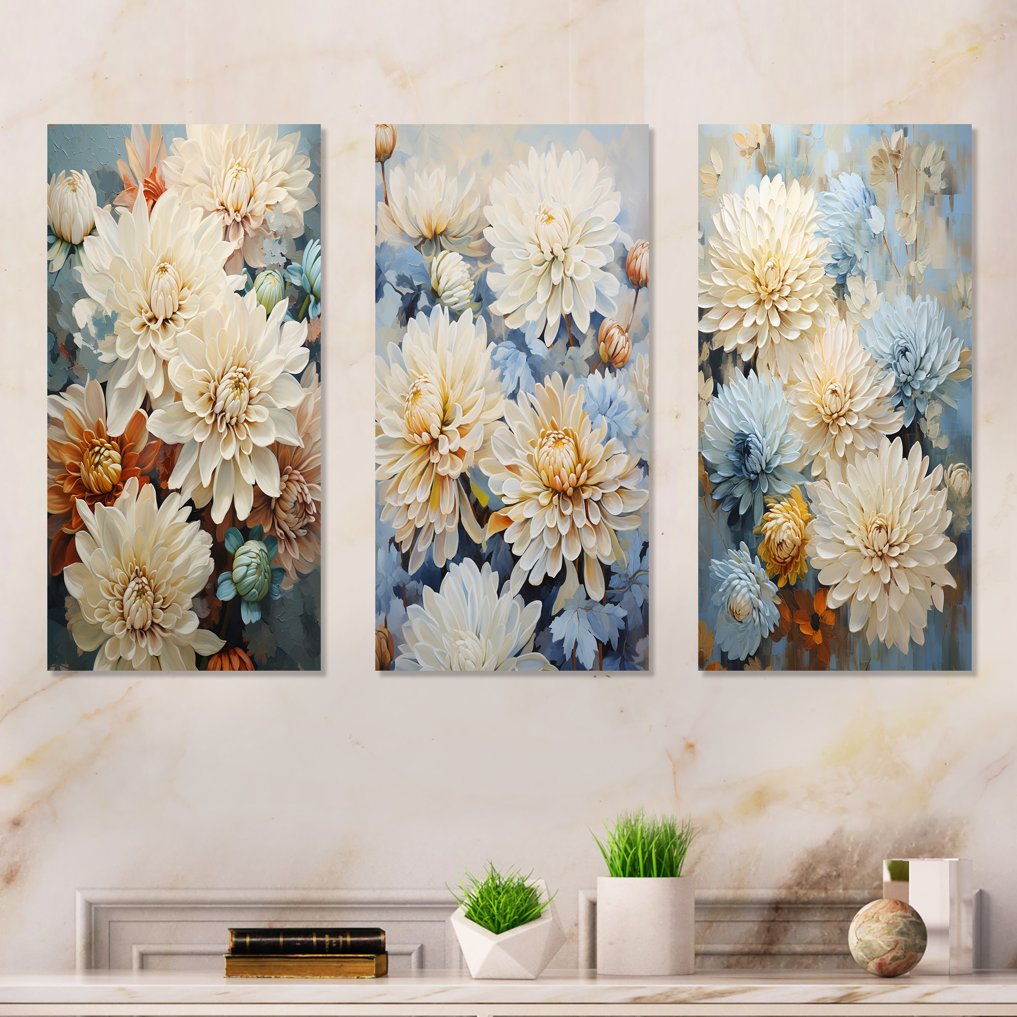 Lark Manor™ Minimalism Blooming Mums Painting In Blue And Gold - Mums ...