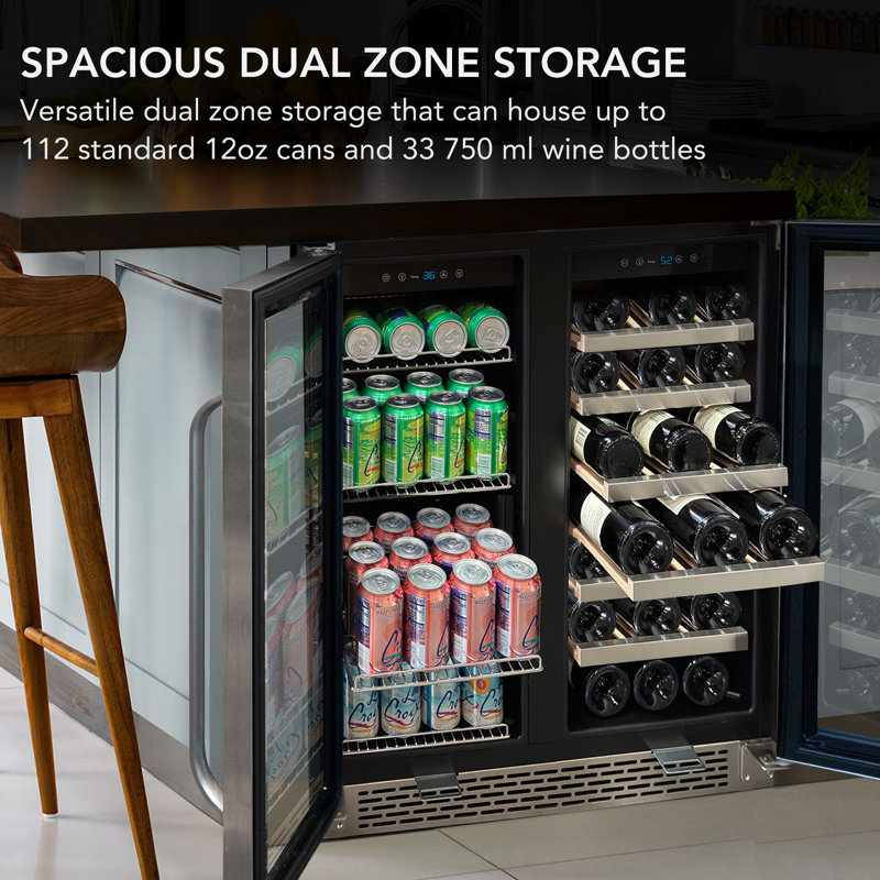 Whynter 30'' width 33 Bottle and 112 Can Dual Zone Built-In Wine ...