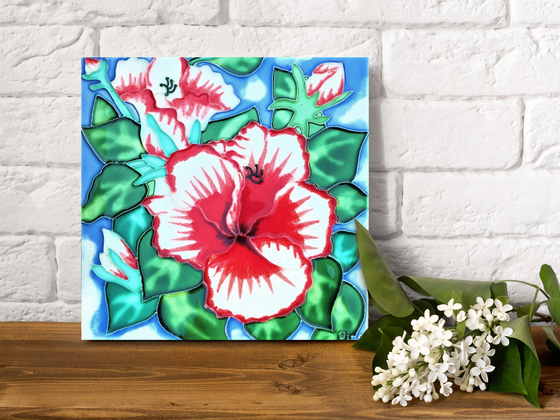 Continental Art Center 8x8" Hibiscus Flowers Ceramic Art Tile Trivet ...