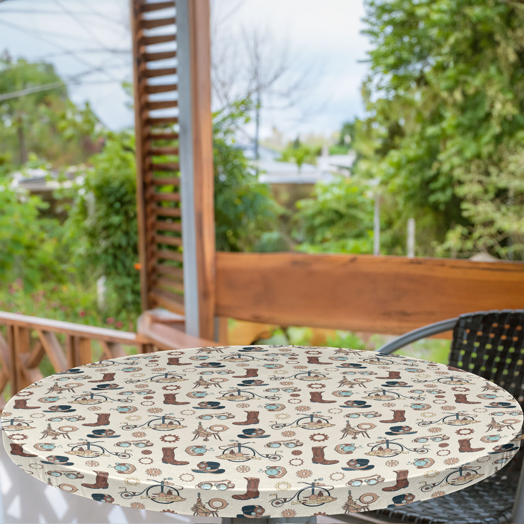 Bungalow Rose Steampunk Fitted Round Tablecloth Brown Beige and Tan ...