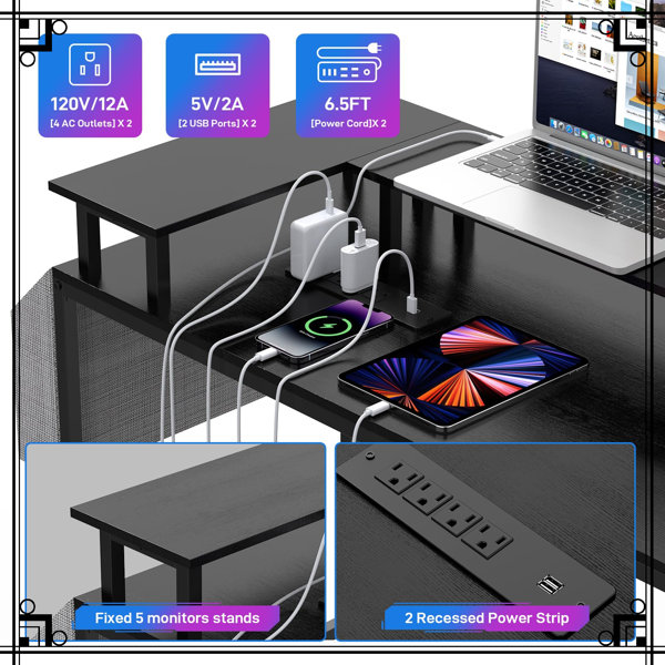 Inbox Zero U Shaped Gaming Desk with LED Lights, Power Outlets & USB ...