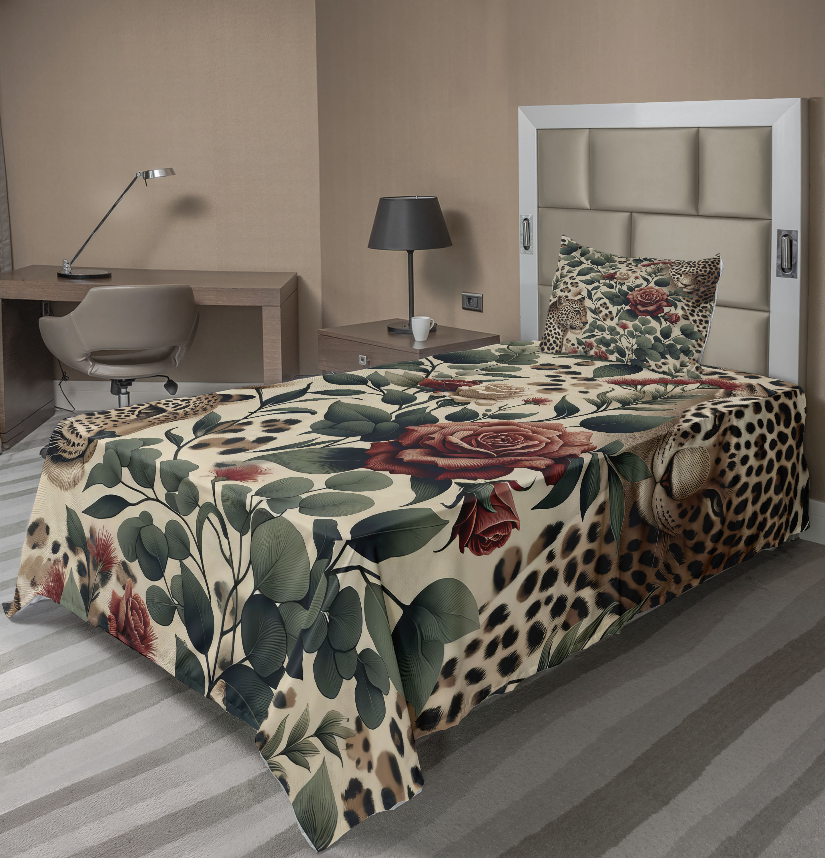 Ambesonne Leopard Sheet Set Roses Leaves Wild Animals Peacock Green and ...