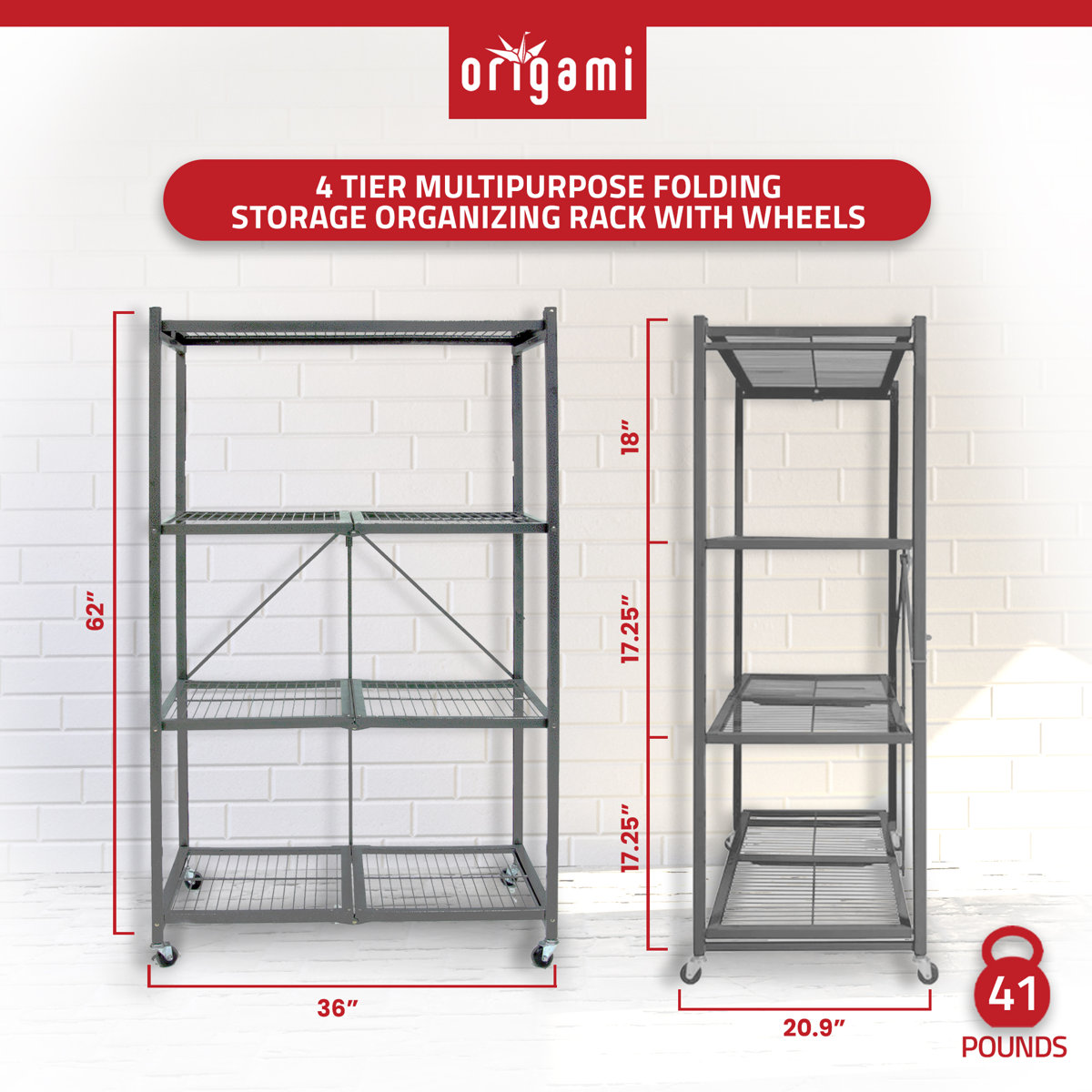 Origami 4 Tier Multipurpose Folding Storage Organizing Rack with Wheels ...