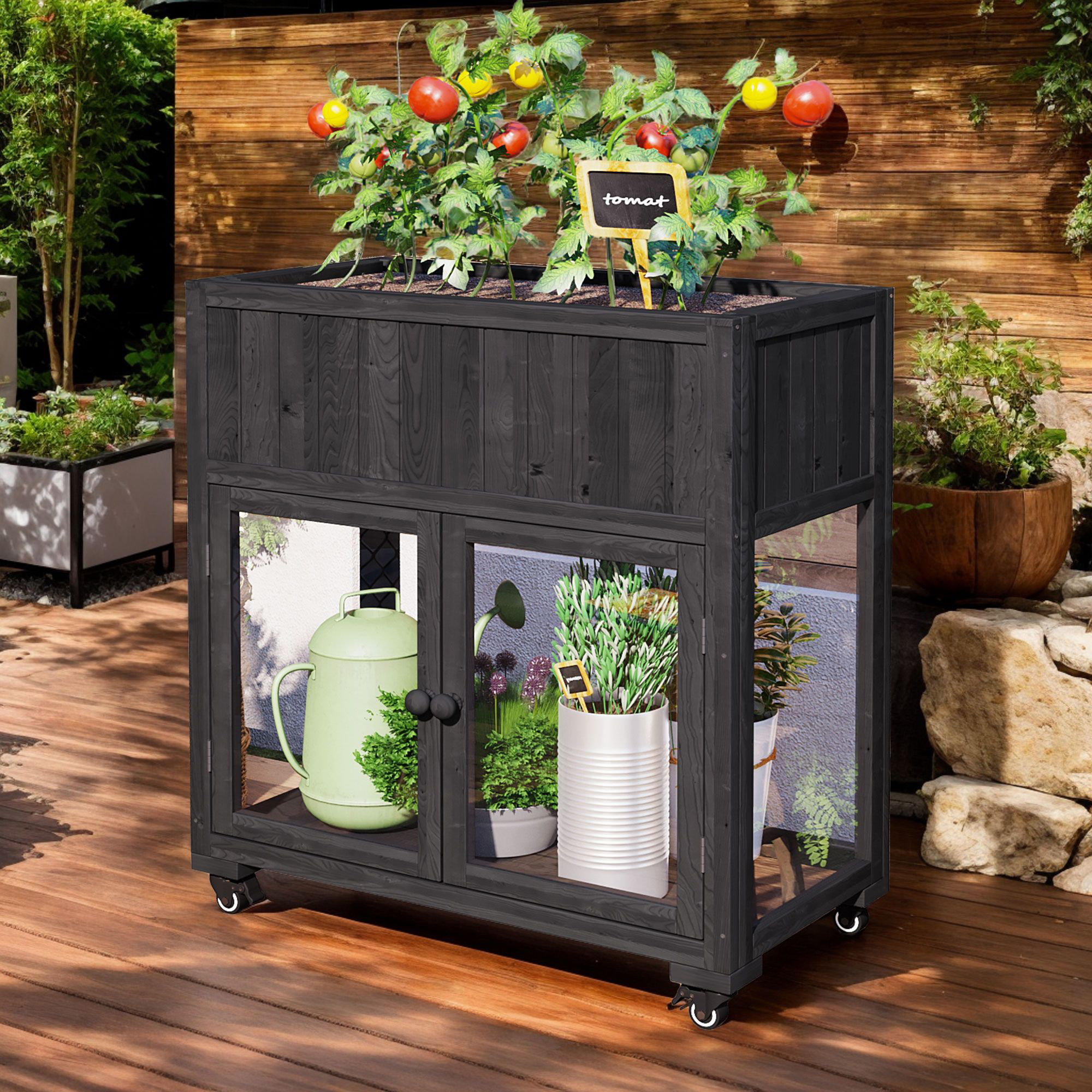 Red Barrel Studio Mini Wood Cold Frame Potting Bench, Compact 2 Doors ...