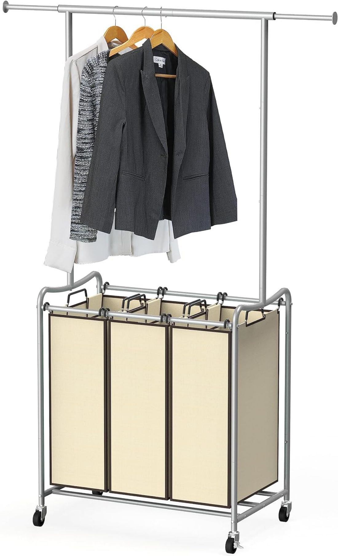 Kazoo Heavy Duty 3 Bag Extendable Laundry Sorter Cart With Hanging Bar ...
